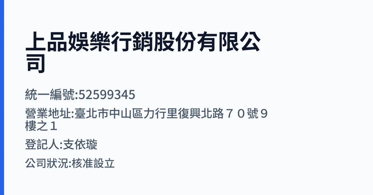 上品娛樂行銷股份有限公司 - 統編 52599345（臺北市） 公司登記資料與營業項目詳細圖表