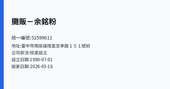 攤販-余銘粉的照片-統編 52599611(臺中市) 公司登記資料與營業項目詳細圖表