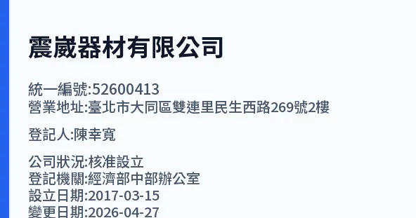 震崴器材有限公司的照片-統編 52600413(臺北市) 公司登記資料與營業項目詳細圖表