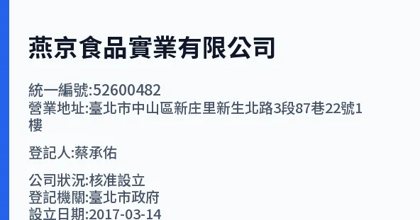 燕京食品實業有限公司的照片-統編 52600482(臺北市) 公司登記資料與營業項目詳細圖表
