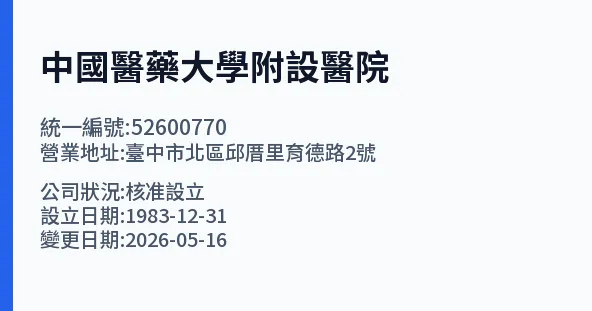 中國醫藥大學附設醫院的照片-統編 52600770(臺中市) 公司登記資料與營業項目詳細圖表