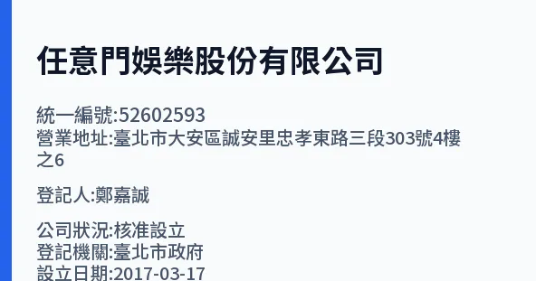 任意門娛樂股份有限公司的照片-統編 52602593(臺北市) 公司登記資料與營業項目詳細圖表