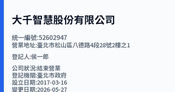 大千智慧股份有限公司的照片-統編 52602947(臺北市) 公司登記資料與營業項目詳細圖表
