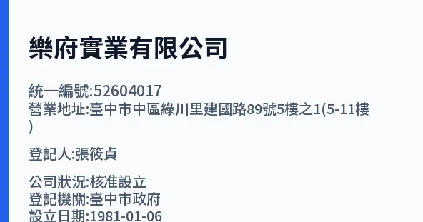 樂府實業有限公司的照片-統編 52604017(臺中市) 公司登記資料與營業項目詳細圖表