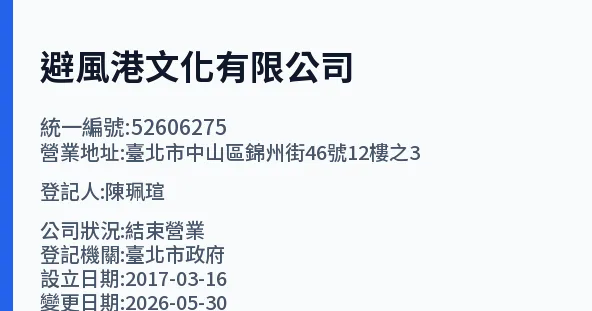 避風港文化有限公司的照片-統編 52606275(臺北市) 公司登記資料與營業項目詳細圖表