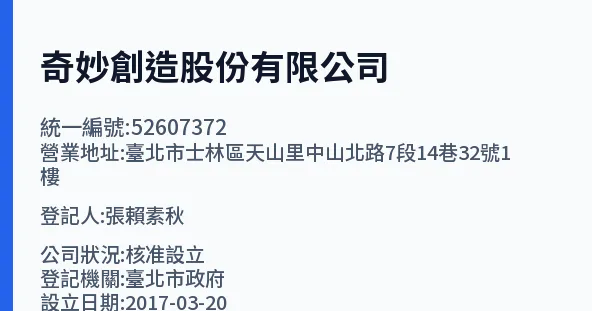 奇妙創造股份有限公司的照片-統編 52607372(臺北市) 公司登記資料與營業項目詳細圖表