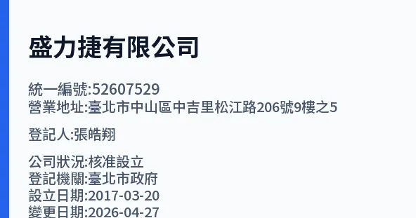 盛力捷有限公司的照片-統編 52607529(臺北市) 公司登記資料與營業項目詳細圖表