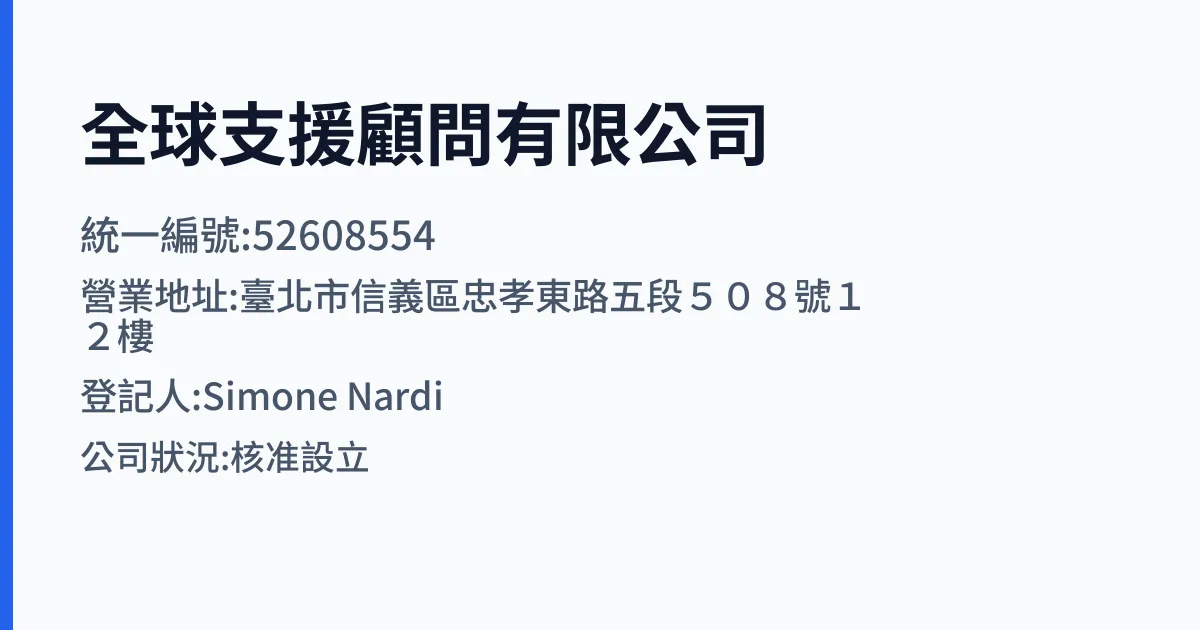 全球支援顧問有限公司 - 統編 52608554(臺北市) 公司登記資料與營業項目詳細圖表