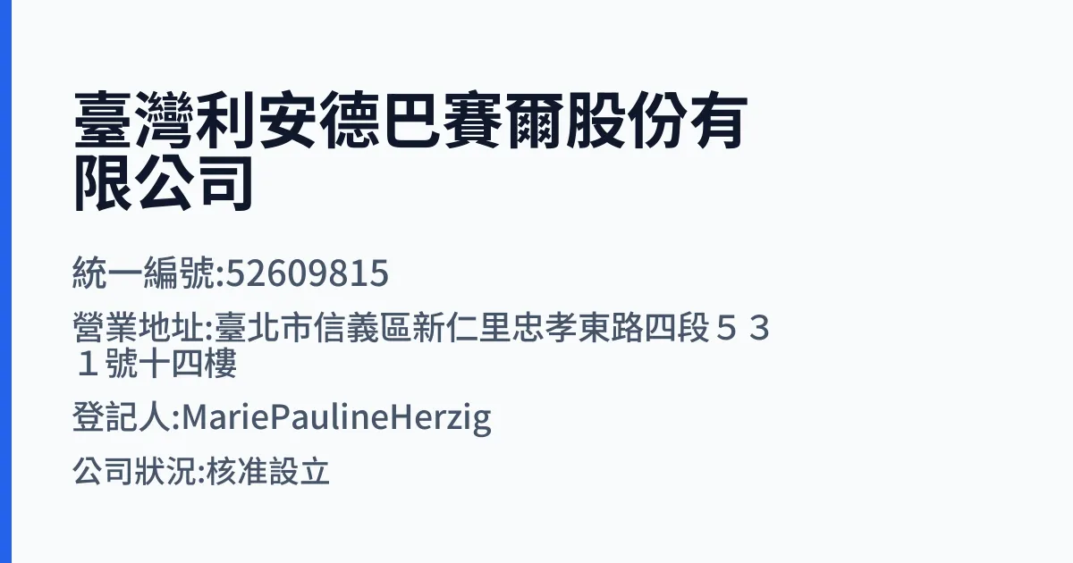 臺灣利安德巴賽爾股份有限公司 - 統編 52609815(臺北市) 公司登記資料與營業項目詳細圖表