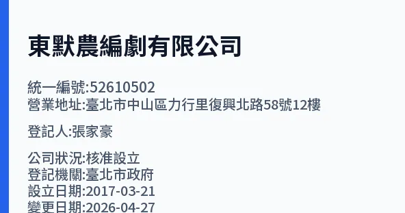 東默農編劇有限公司的照片-統編 52610502(臺北市) 公司登記資料與營業項目詳細圖表