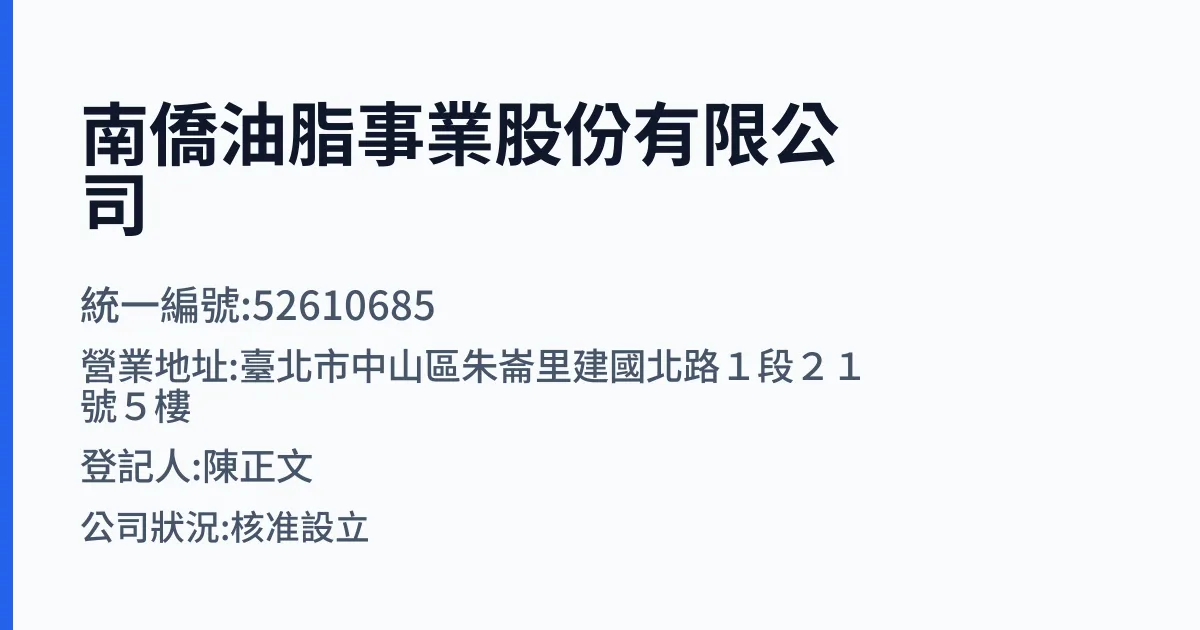 南僑油脂事業股份有限公司 - 統編 52610685(臺北市) 公司登記資料與營業項目詳細圖表