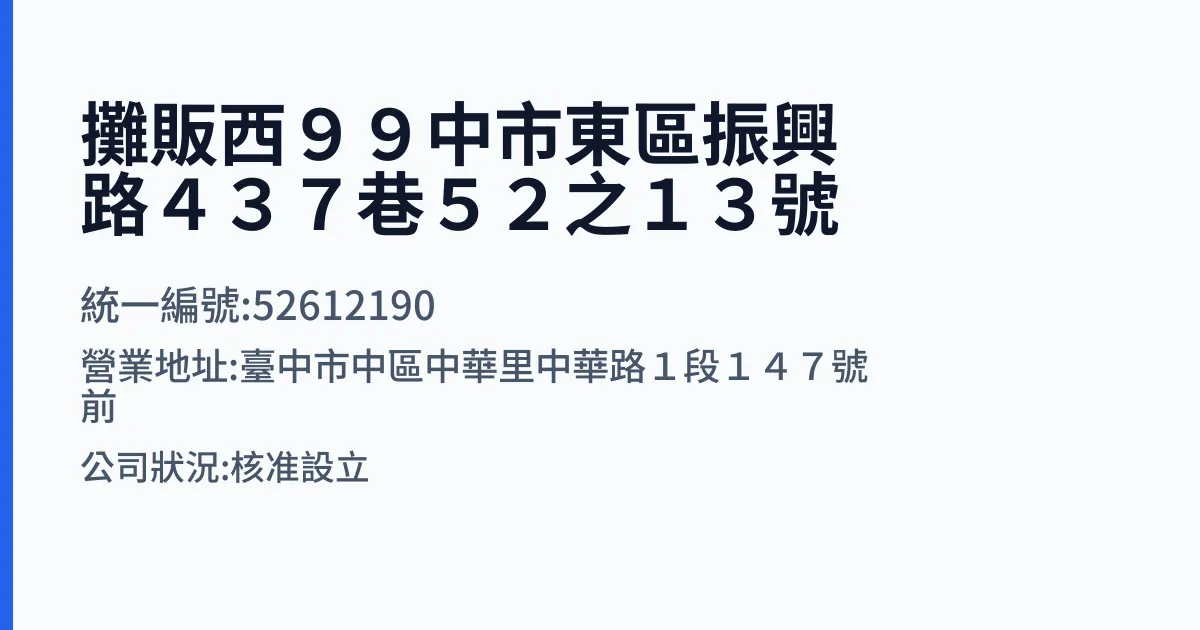 攤販西99中市東區振興路437巷52之13號 - 統編 52612190(臺中市) 公司登記資料與營業項目詳細圖表