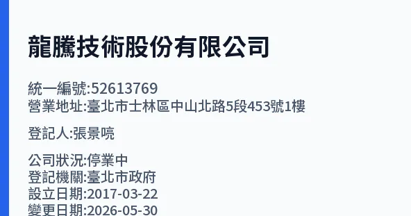 龍騰技術股份有限公司的照片-統編 52613769(臺北市) 公司登記資料與營業項目詳細圖表