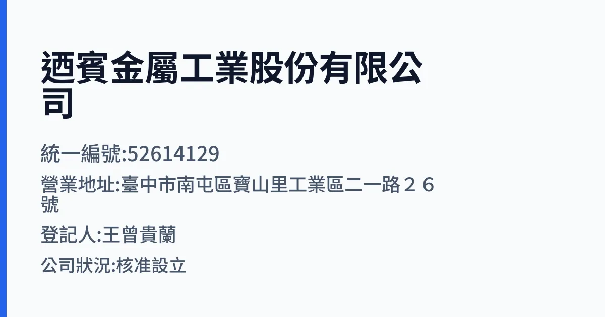 迺賓金屬工業股份有限公司 - 統編 52614129(臺中市) 公司登記資料與營業項目詳細圖表