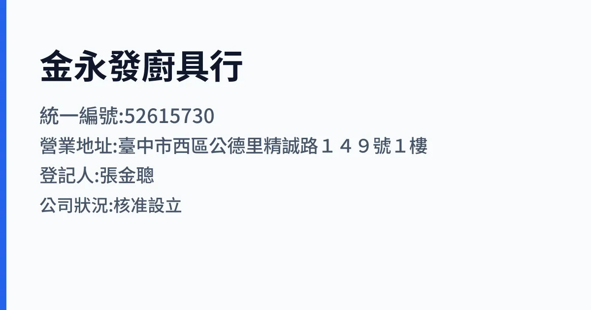 金永發廚具行 - 統編 52615730(臺中市) 公司登記資料與營業項目詳細圖表