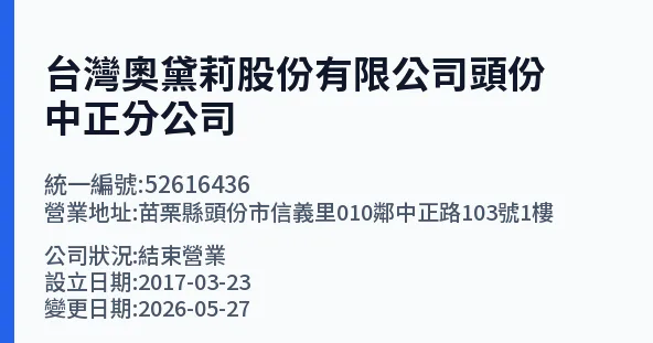 台灣奧黛莉股份有限公司頭份中正分公司的照片-統編 52616436(苗栗縣) 公司登記資料與營業項目詳細圖表