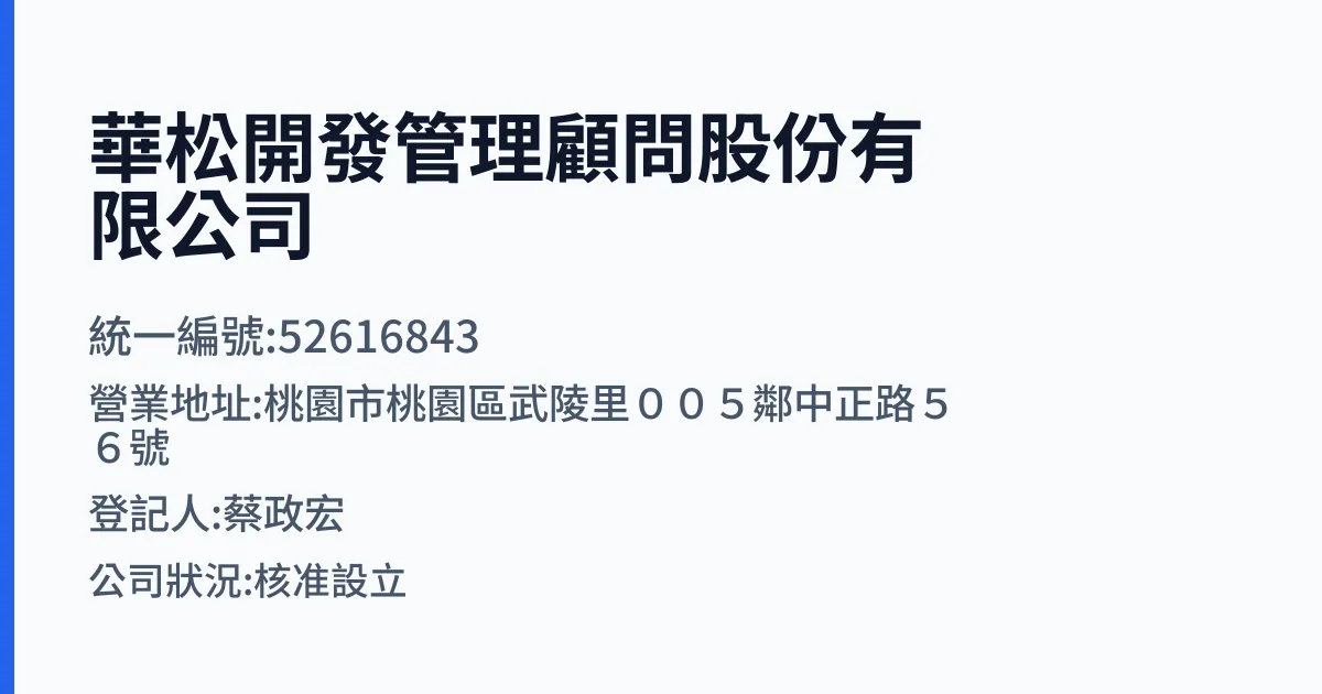 華松開發管理顧問股份有限公司 - 統編 52616843(桃園市) 公司登記資料與營業項目詳細圖表