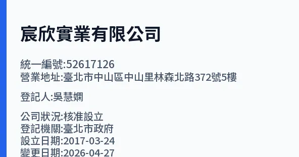 宸欣實業有限公司的照片-統編 52617126(臺北市) 公司登記資料與營業項目詳細圖表