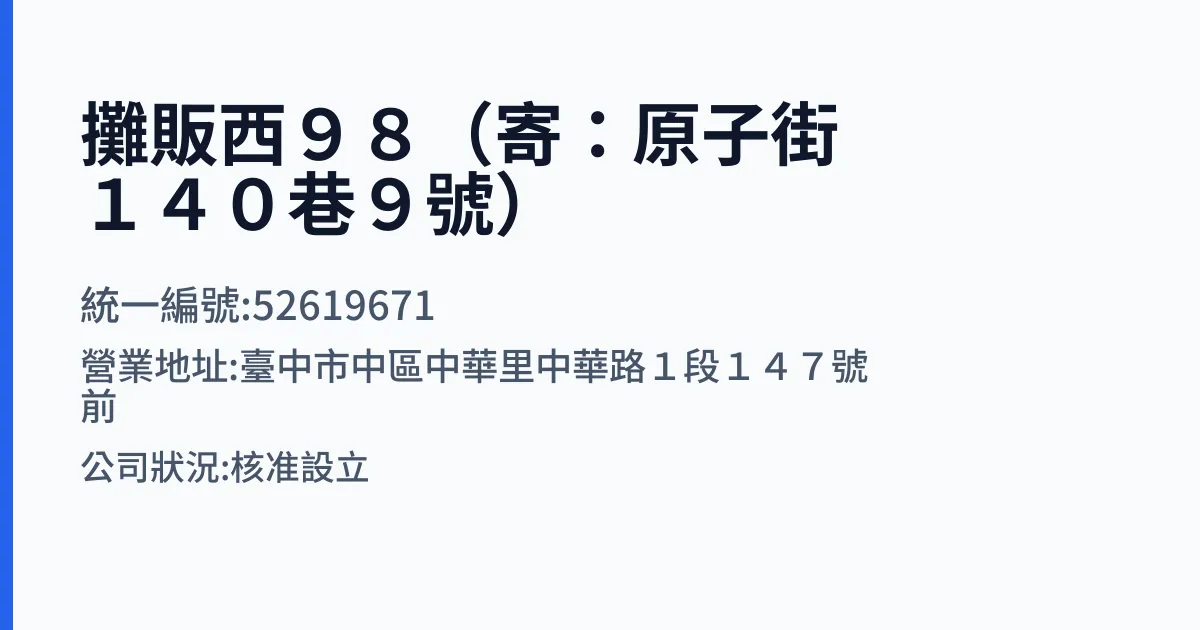 攤販西９８（寄：原子街１４０巷９號） - 統編 52619671(臺中市) 公司登記資料與營業項目詳細圖表