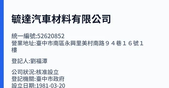毓達汽車材料有限公司的照片-統編 52620852(臺中市) 公司登記資料與營業項目詳細圖表