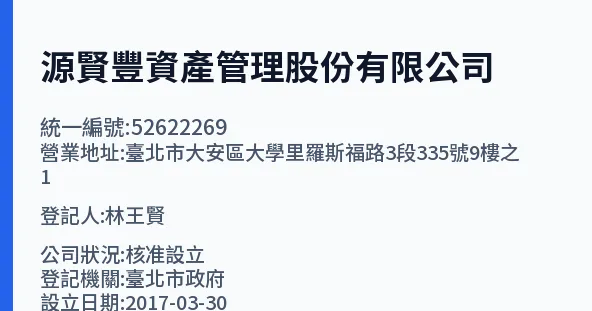 源賢豐資產管理股份有限公司的照片-統編 52622269(臺北市) 公司登記資料與營業項目詳細圖表