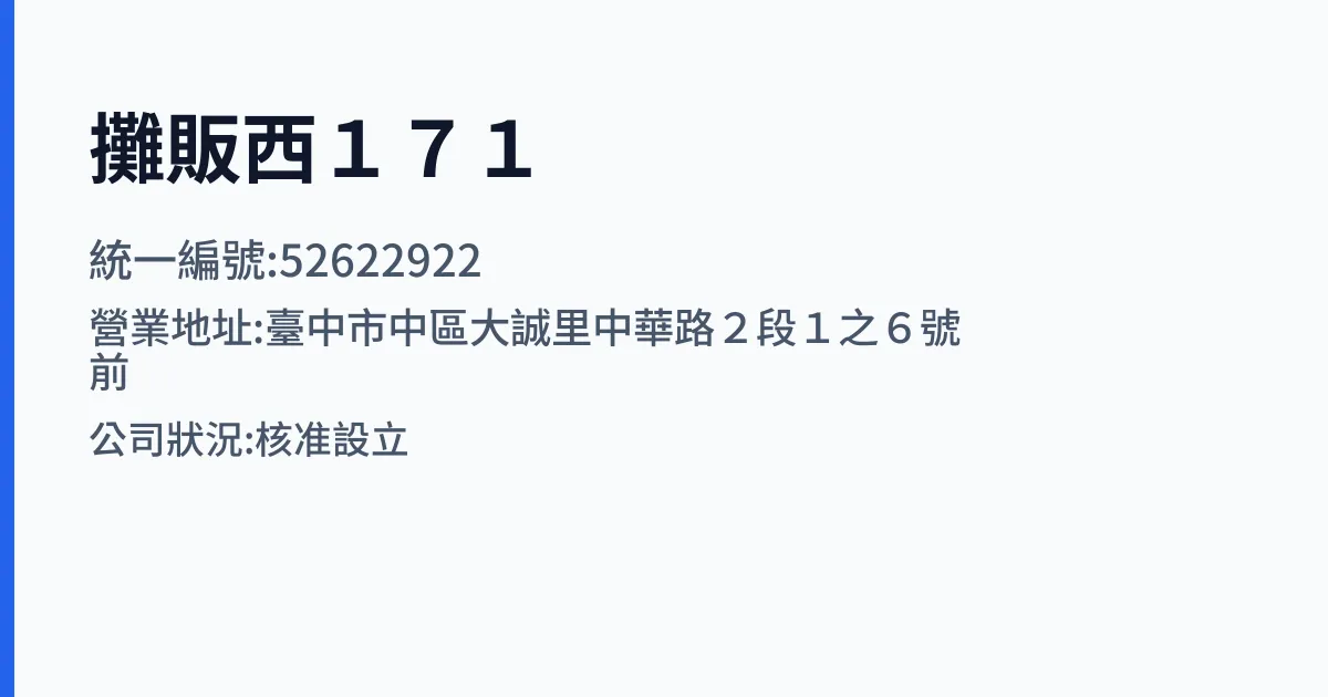 攤販西１７１ - 統編 52622922(臺中市) 公司登記資料與營業項目詳細圖表