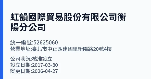 虹韻國際貿易股份有限公司衡陽分公司的照片-統編 52625060(臺北市) 公司登記資料與營業項目詳細圖表