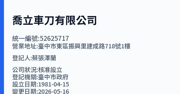 喬立車刀有限公司的照片-統編 52625717(臺中市) 公司登記資料與營業項目詳細圖表