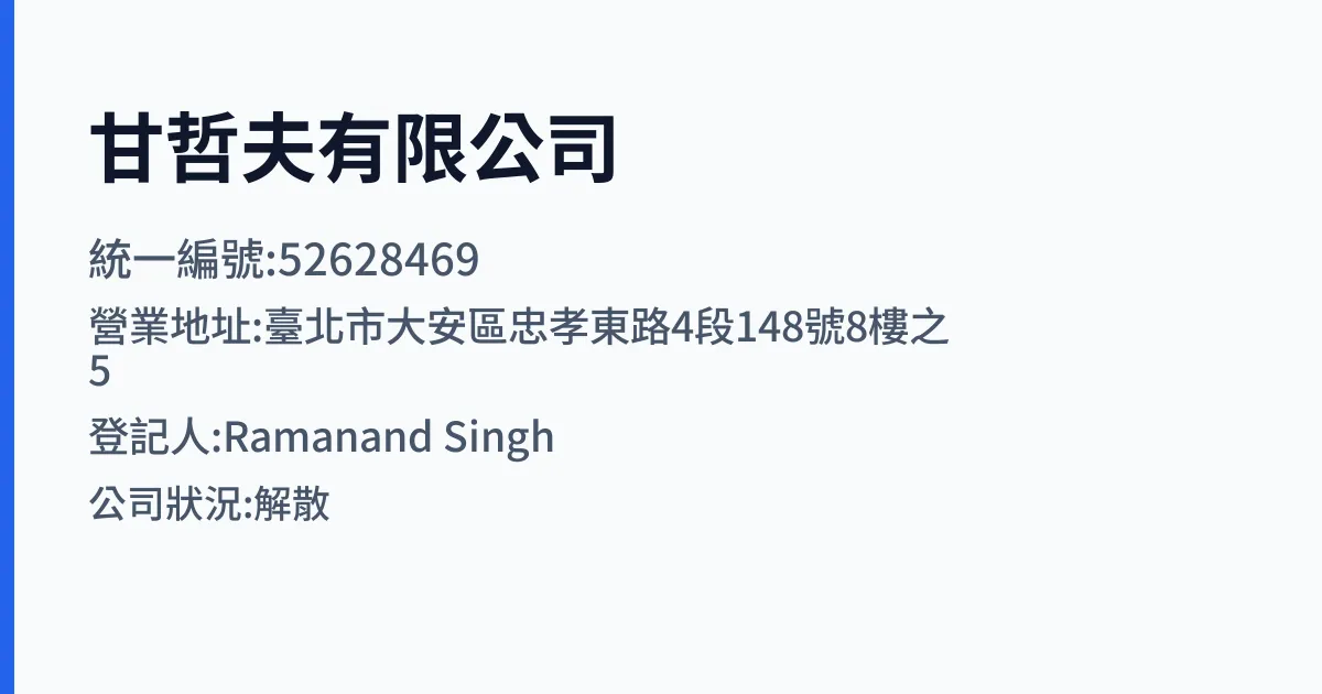甘哲夫有限公司 - 統編 52628469(臺北市) 公司登記資料與營業項目詳細圖表