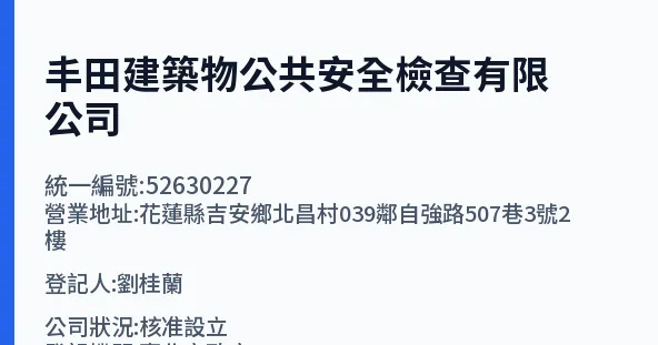 丰田建築物公共安全檢查有限公司的照片-統編 52630227(花蓮縣) 公司登記資料與營業項目詳細圖表