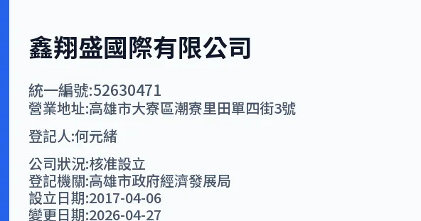 鑫翔盛國際有限公司的照片-統編 52630471(高雄市) 公司登記資料與營業項目詳細圖表