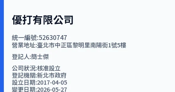 優打有限公司的照片-統編 52630747(臺北市) 公司登記資料與營業項目詳細圖表