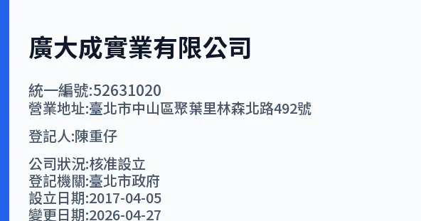 廣大成實業有限公司的照片-統編 52631020(臺北市) 公司登記資料與營業項目詳細圖表