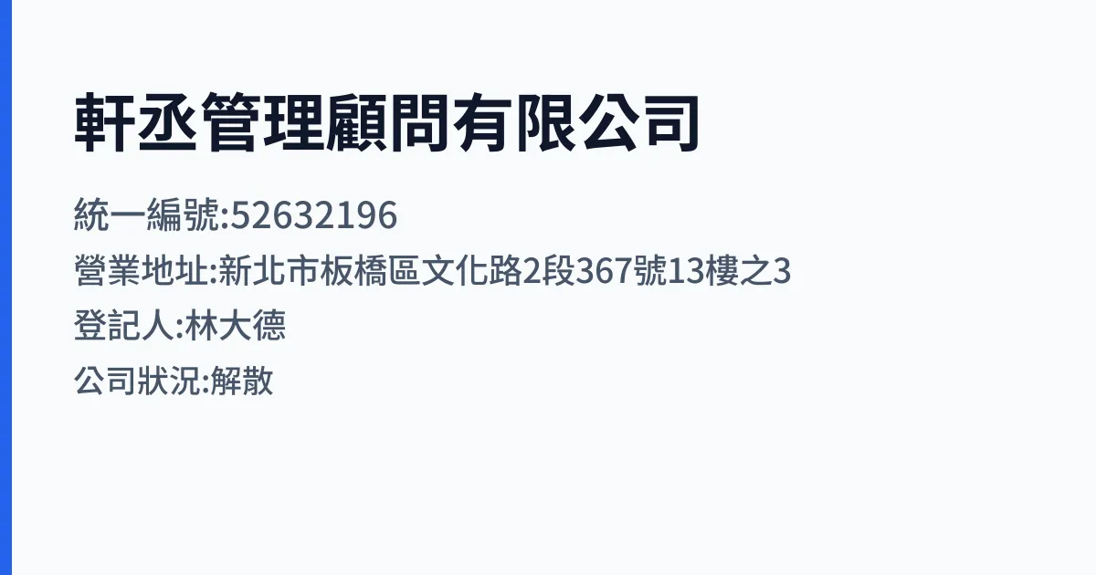 軒丞管理顧問有限公司 - 統編 52632196(新北市) 公司登記資料與營業項目詳細圖表
