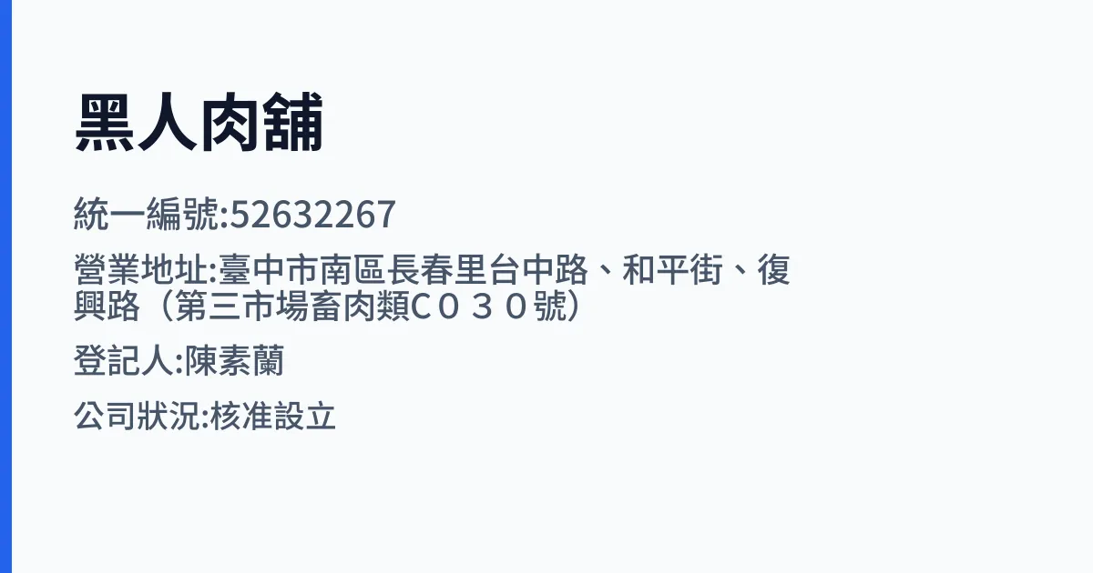黑人肉舖 - 統編 52632267(臺中市) 公司登記資料與營業項目詳細圖表