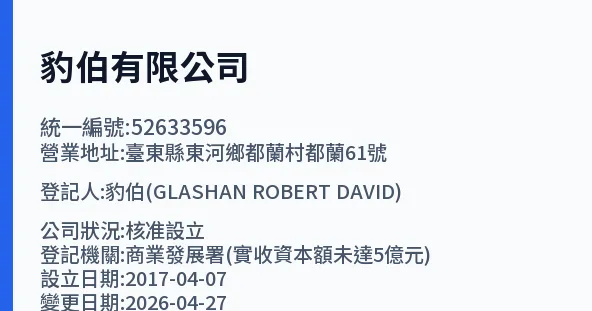豹伯有限公司的照片-統編 52633596(臺東縣) 公司登記資料與營業項目詳細圖表