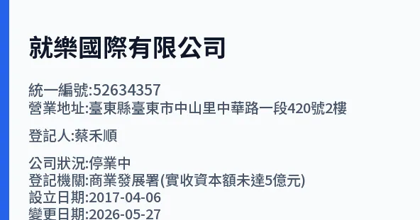 就樂國際有限公司的照片-統編 52634357(臺東縣) 公司登記資料與營業項目詳細圖表