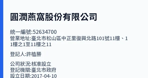 圓潤燕窩股份有限公司的照片-統編 52634700(臺北市) 公司登記資料與營業項目詳細圖表
