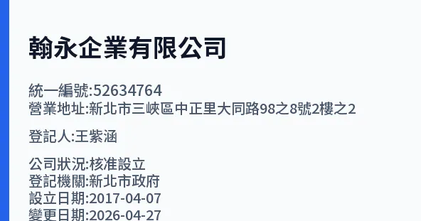 翰永企業有限公司的照片-統編 52634764(新北市) 公司登記資料與營業項目詳細圖表