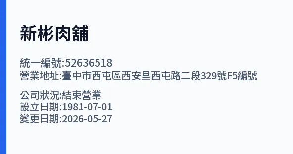 新彬肉舖的照片-統編 52636518(臺中市) 公司登記資料與營業項目詳細圖表