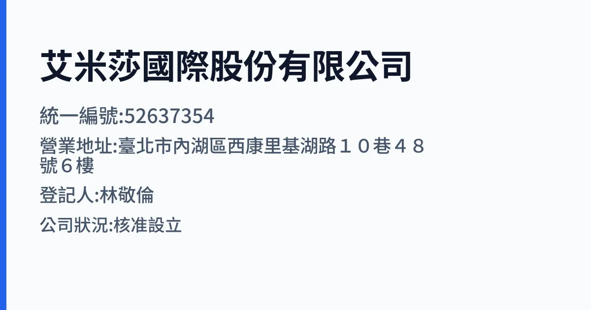 艾米莎國際股份有限公司 - 統編 52637354(臺北市) 公司登記資料與營業項目詳細圖表