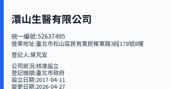 澴山生醫有限公司的照片-統編 52637495(臺北市) 公司登記資料與營業項目詳細圖表