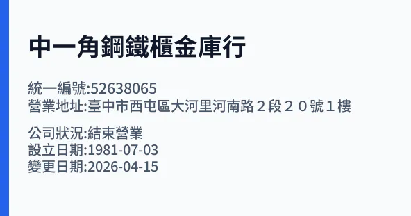 中一角鋼鐵櫃金庫行的照片-統編 52638065(臺中市) 公司登記資料與營業項目詳細圖表