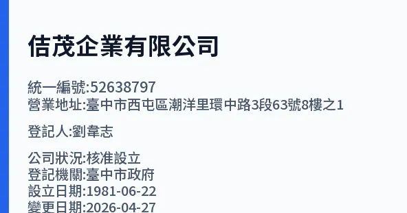 佶茂企業有限公司的照片-統編 52638797(臺中市) 公司登記資料與營業項目詳細圖表