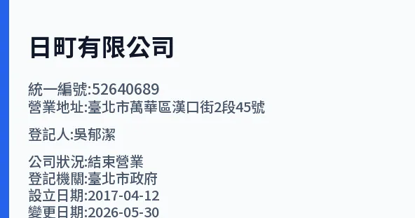 日町有限公司的照片-統編 52640689(臺北市) 公司登記資料與營業項目詳細圖表