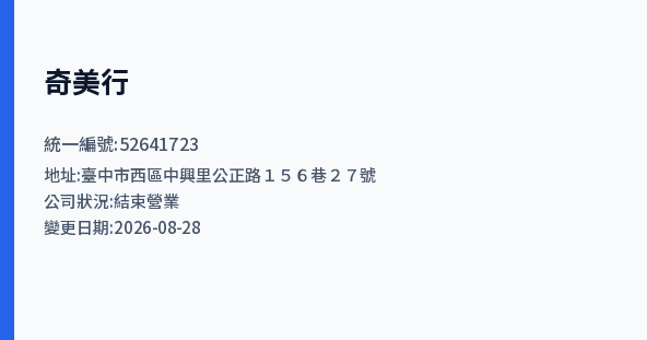 奇美行的照片-統編 52641723(臺中市) 公司登記資料與營業項目詳細圖表