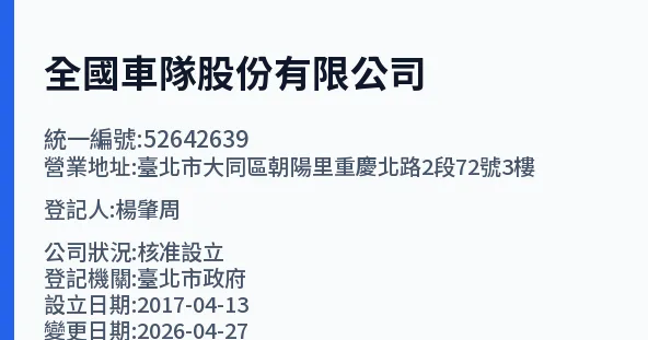 全國車隊股份有限公司的照片-統編 52642639(臺北市) 公司登記資料與營業項目詳細圖表