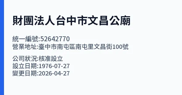 財團法人台中市文昌公廟的照片-統編 52642770(臺中市) 公司登記資料與營業項目詳細圖表
