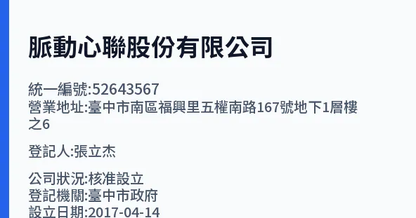 脈動心聯股份有限公司的照片-統編 52643567(臺中市) 公司登記資料與營業項目詳細圖表