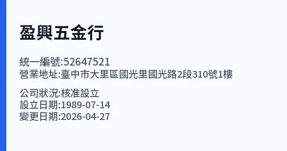 盈興五金行的照片-統編 52647521(臺中市) 公司登記資料與營業項目詳細圖表